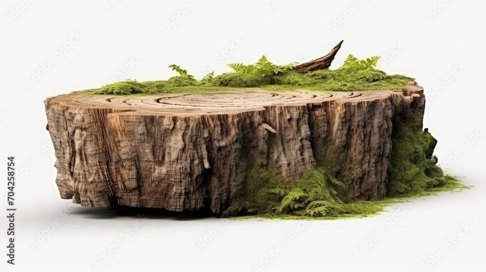 Tree stump, old and overgrown stub, isolated on white background, side ...