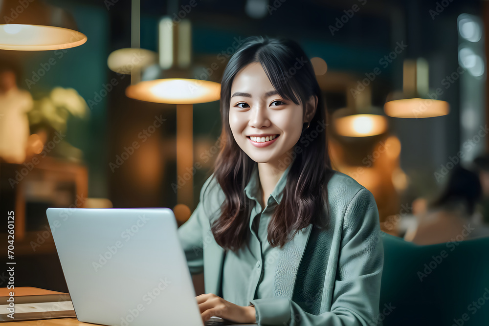 Asian office working girl with a radiant smile sits in front of her ...