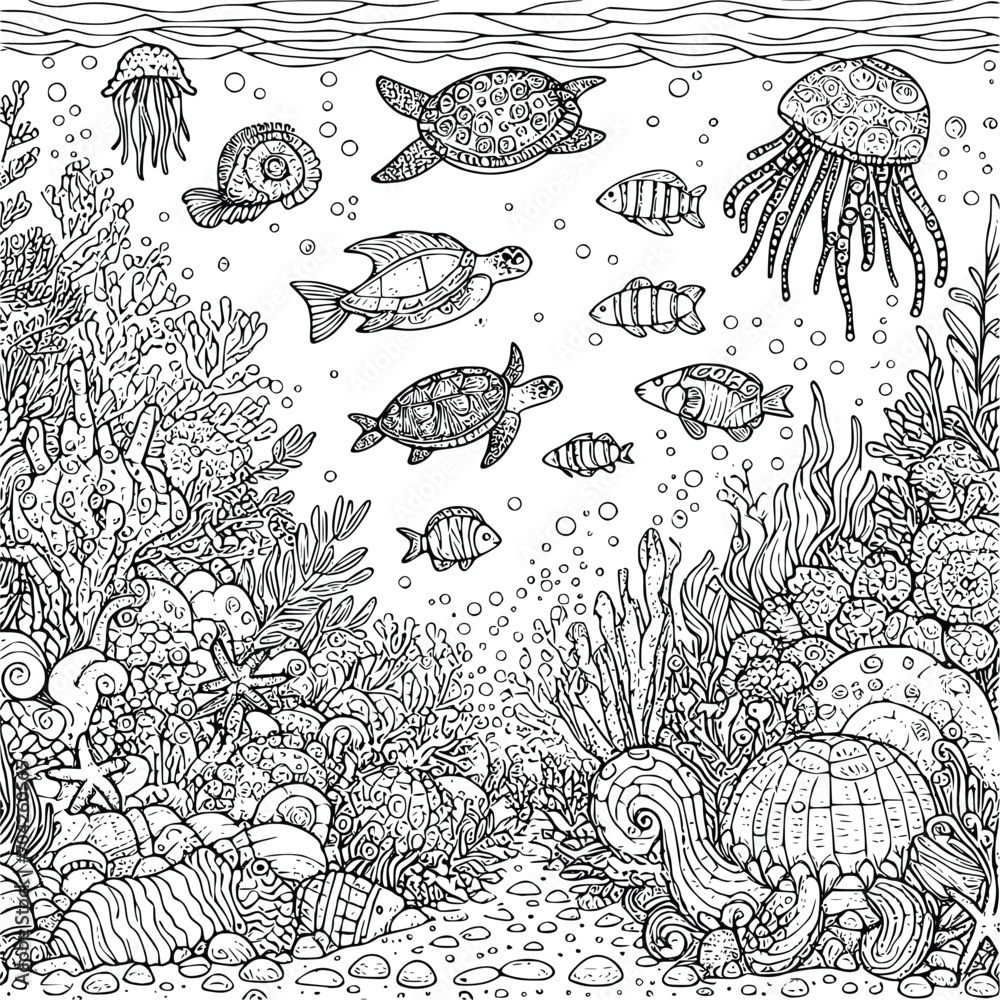 underwater world coloring book hand drawn. ocean life coloring page ...
