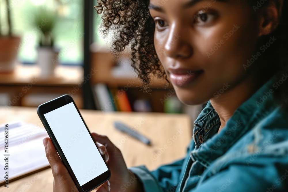 African American college girl student holding phone distance learning ...