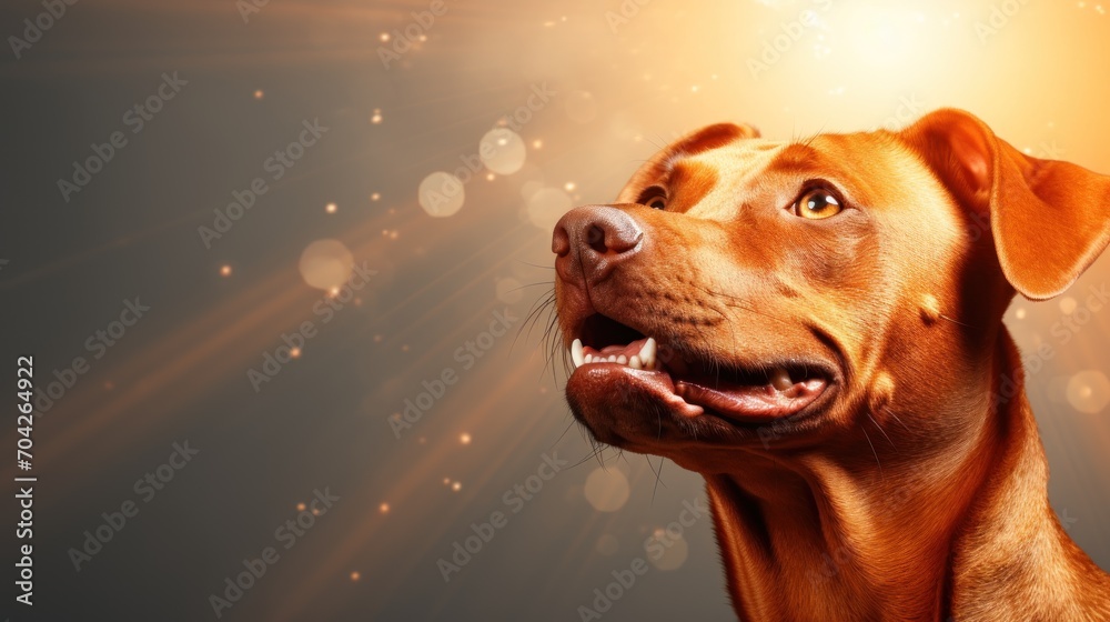 a close up of a dog's face with the sun shining in the background and a ...