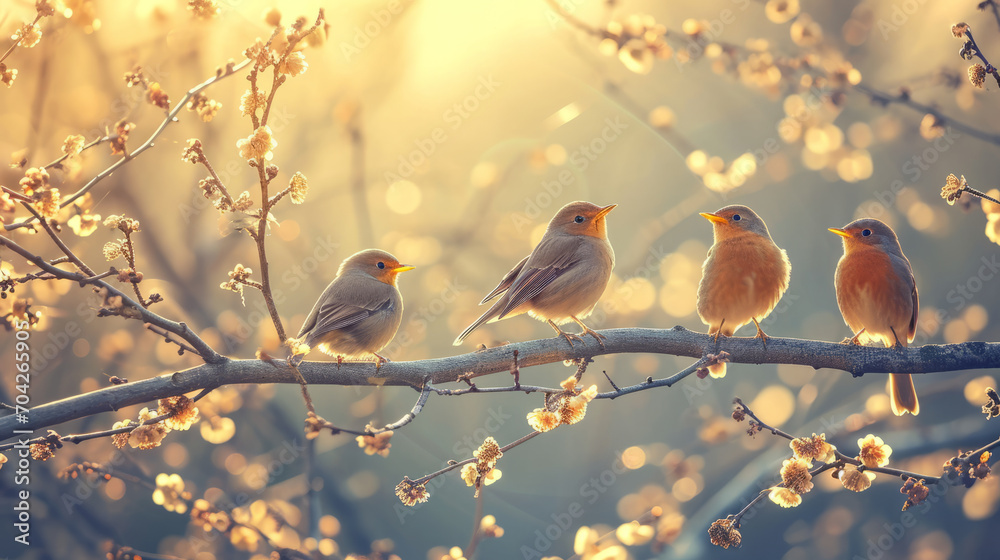 Flock of birds are singing happily on the branches of a tree with ...