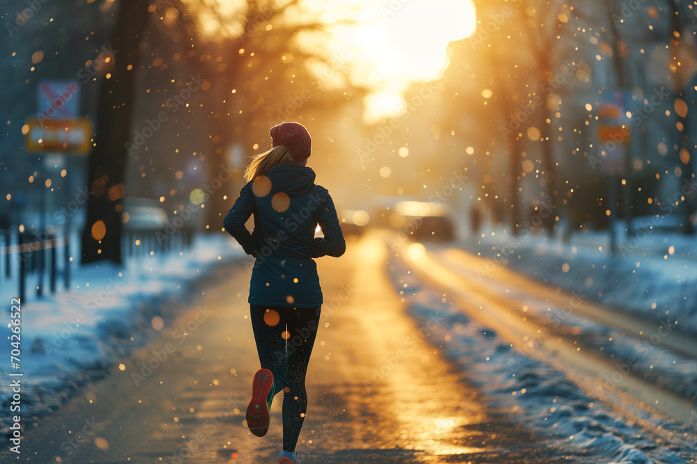 Young woman jogging in the winter street, blur city background. Sports ...