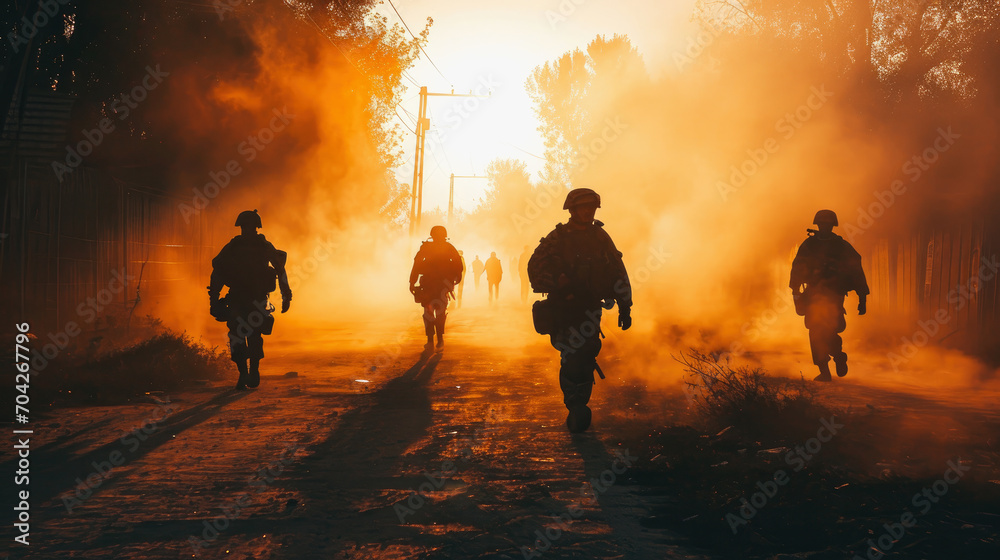 Silhouette photo group of military soldiers marching outdoor in ...