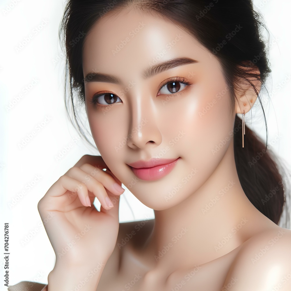 Beautiful young asian woman with clean fresh skin on white background ...