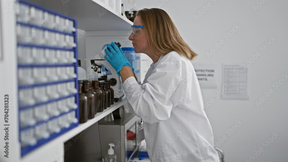 Focused young woman scientist, a blonde beauty, seriously working with ...