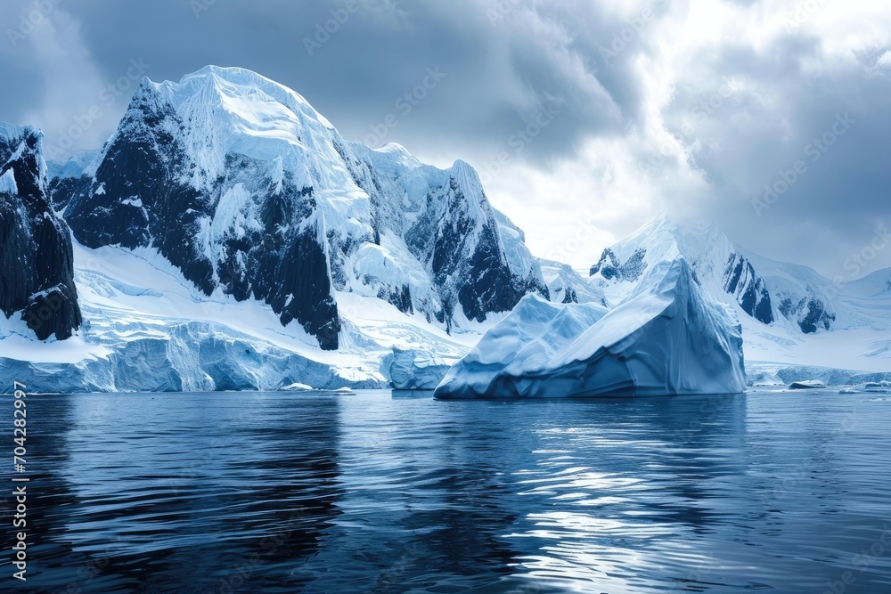 A serene arctic landscape featuring a snow-capped mountain overlooking ...