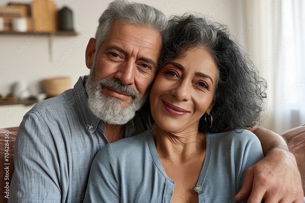 Happy mature mid age couple hugging, enjoying bonding sitting on couch ...