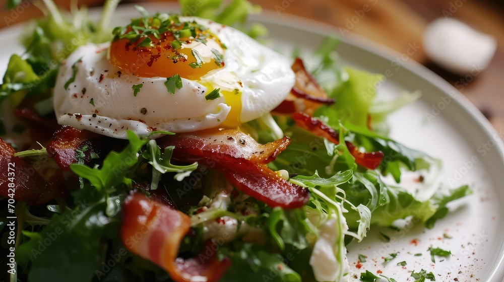 a plate of Frisée aux Lardons with poached egg and Dijon vinaigrette ...