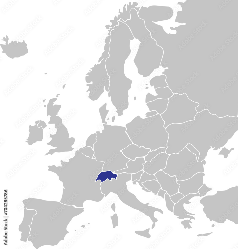 Blue CMYK national map of SWITZERLAND inside simplified gray blank ...