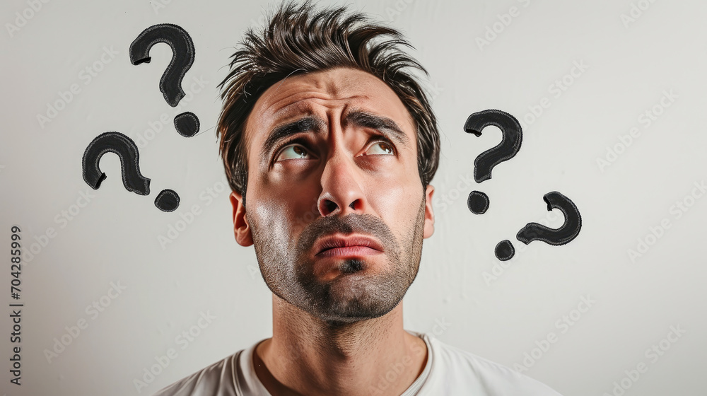 Portrait of a man with perplexed facial expression and some black ...