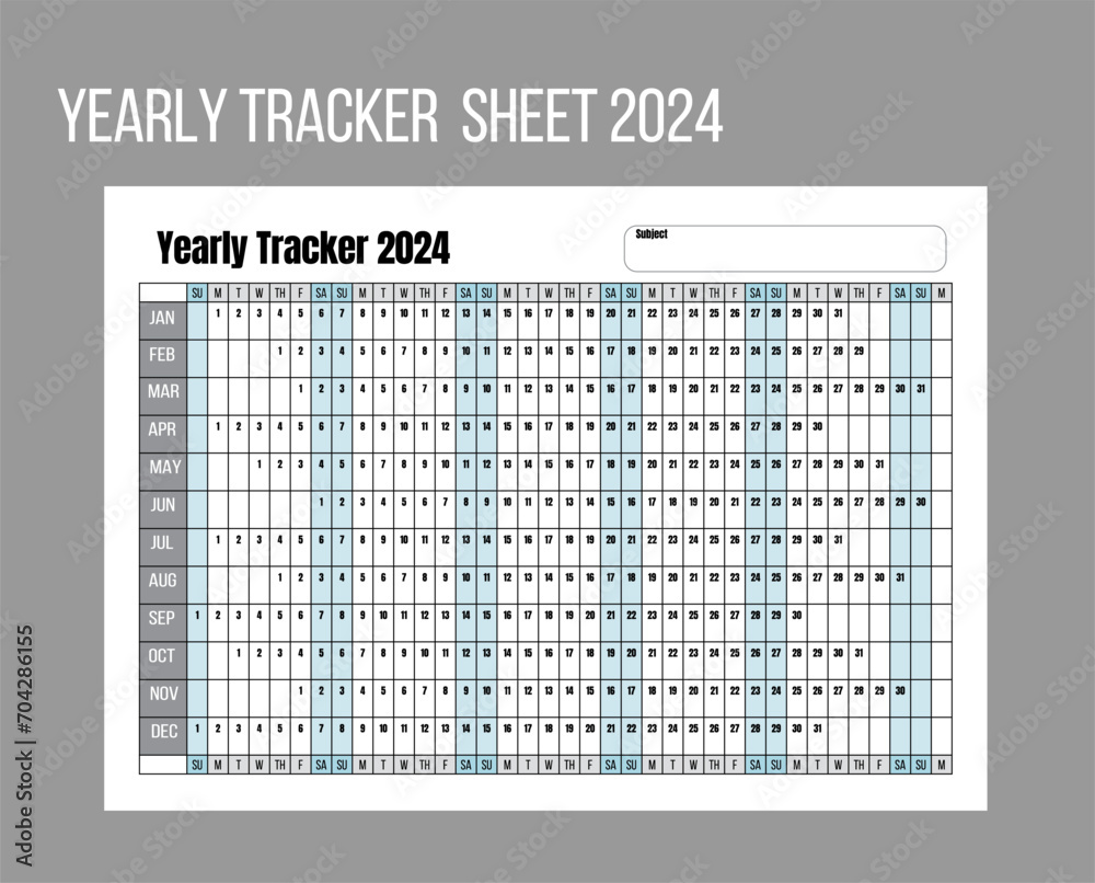 Blank year tracker Sheet, habit tracker, start on Sunday, 2024 calendar ...