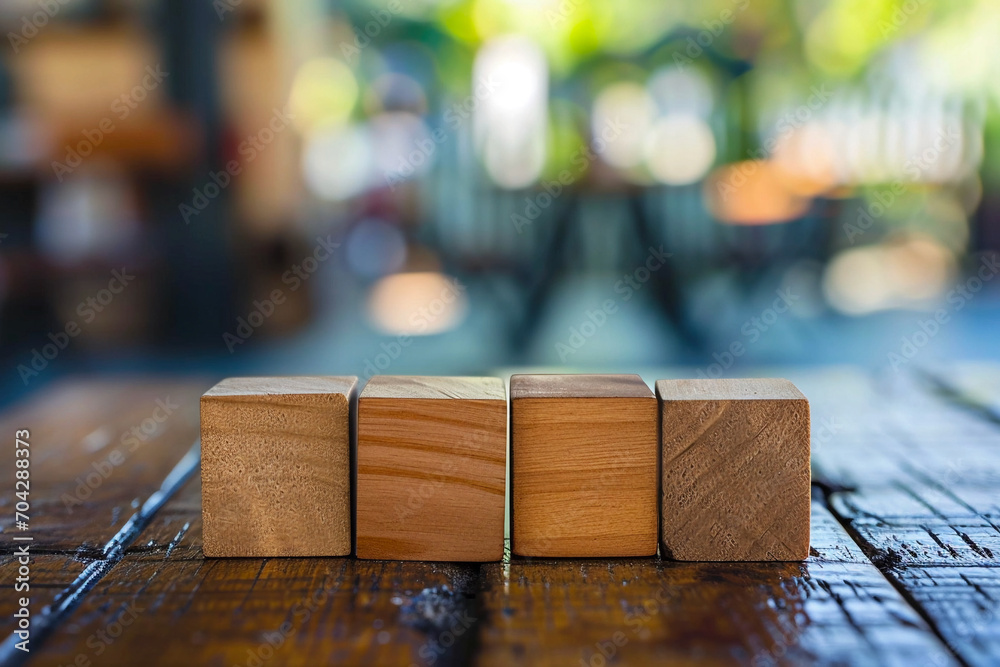 four blank wooden blocks in a row - with smoky wisps and green bokeh ...