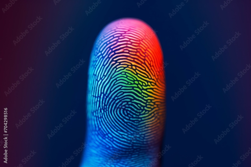 colorful fingerprint leaning on control glass for biometric scan ...