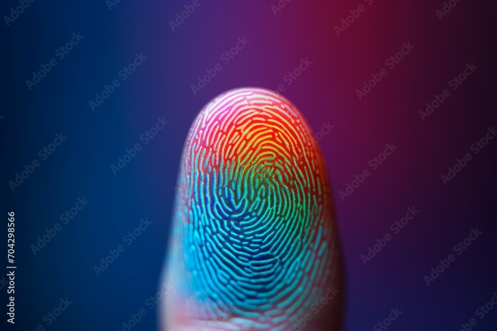 colorful fingerprint leaning on control glass for biometric scan ...