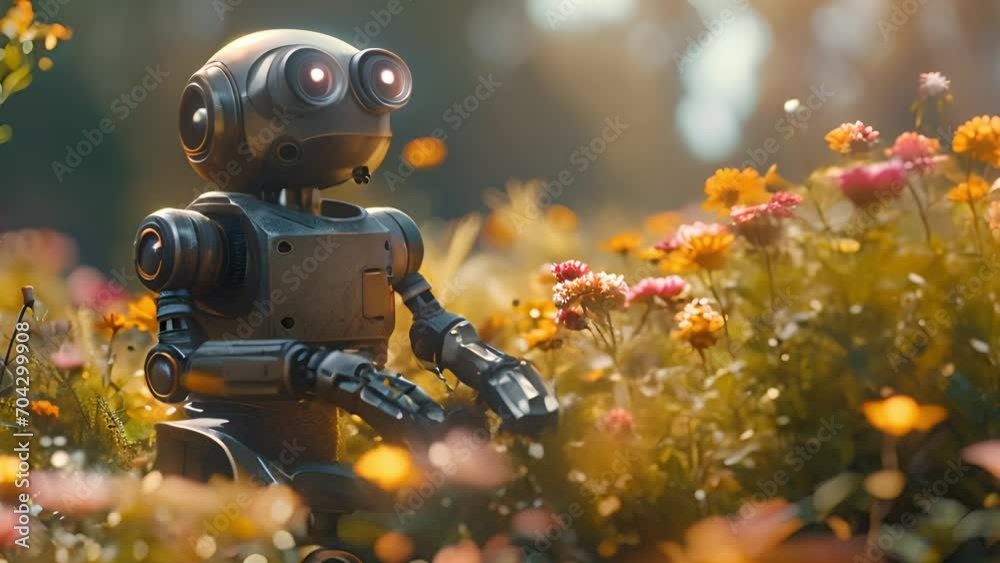 Robot picking flowers in wildflower field. AI face profile. Artificial ...