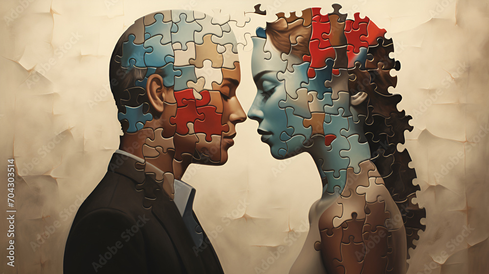 Intertwined male and female profiles made from puzzle pieces ...