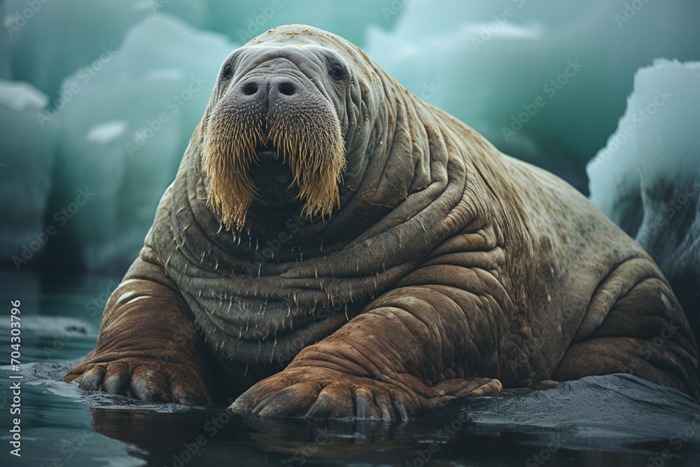 A walrus depicted with rounded, bulky shapes in a cold color palette ...