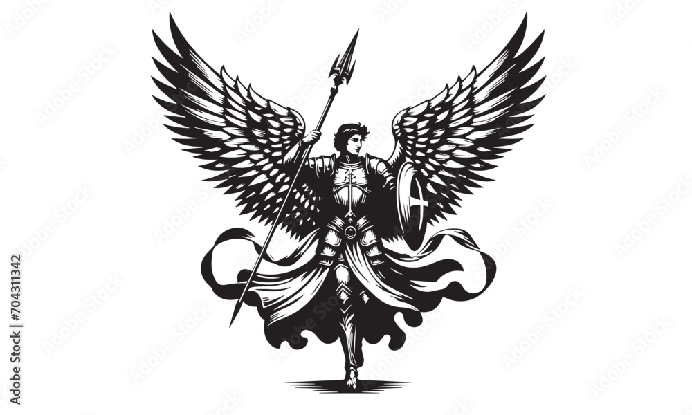 Vetor de A black and white design of a valiant warrior angel, inspired ...