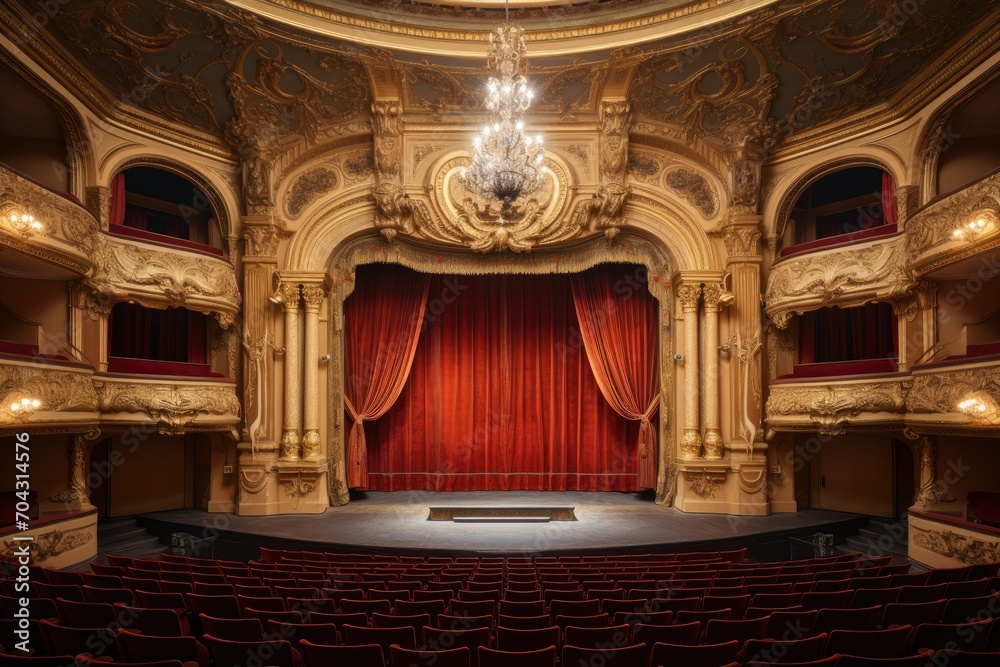 This image showcases a traditional theater with a striking red curtain ...