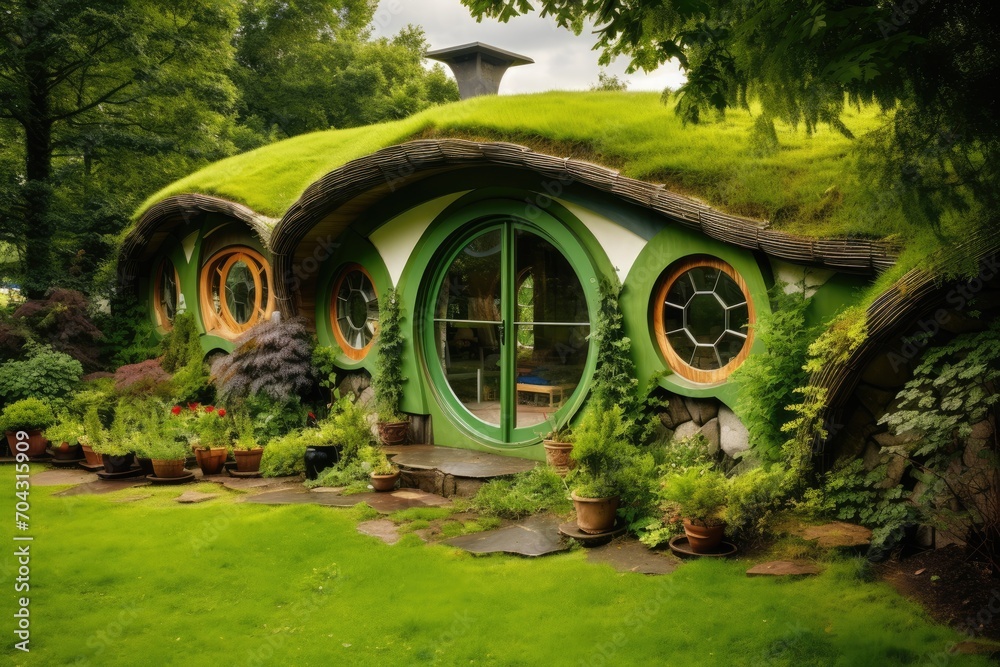 A charming hobbit house with a green roof and windows, creating a cozy ...