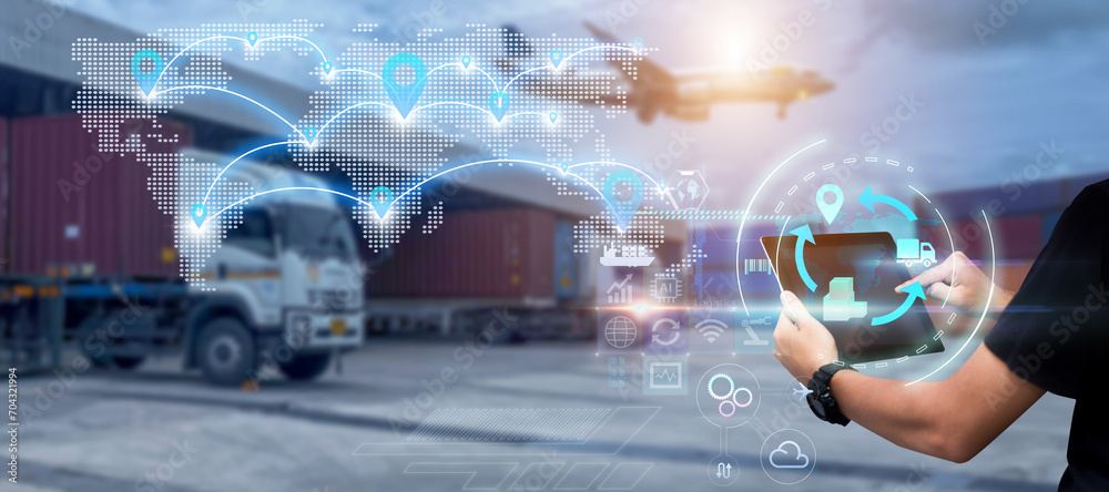 Business Logistics management technology concept.Man hands using tablet ...