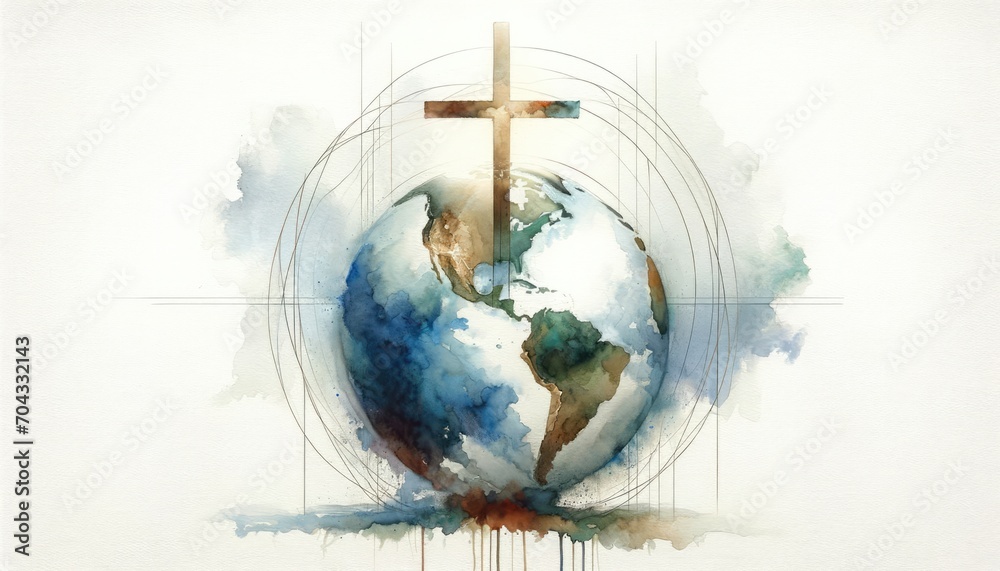 Watercolor illustration of a Christian cross on earth on a white ...