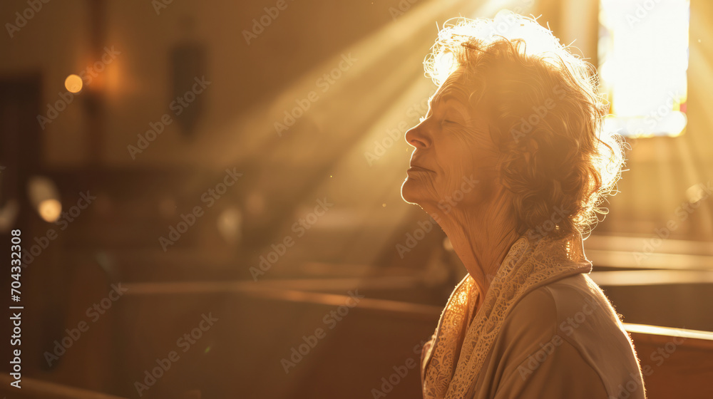 Sunlit prayer. Aged woman praying in the church in the sunbeams shining ...