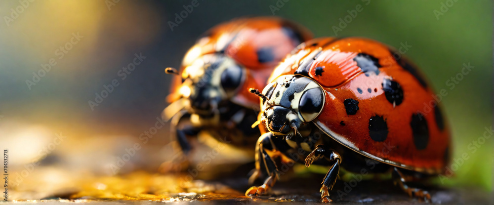A close-up portrait of Ladybugs, captured with a shallow depth of field ...