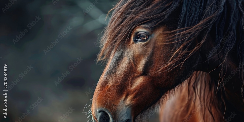 A detailed close-up shot of a horse's face with a blurry background ...