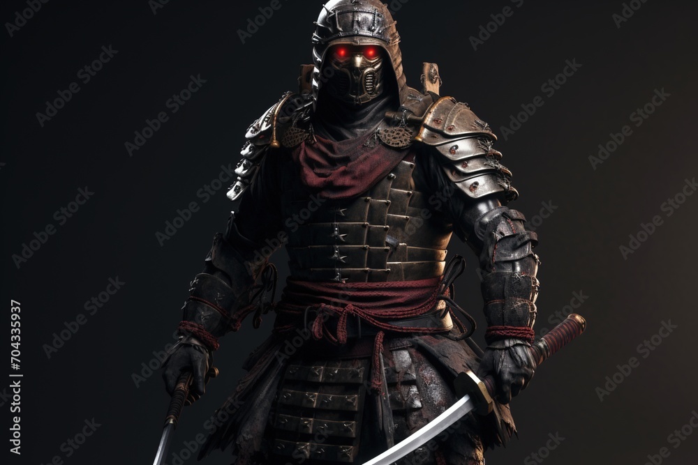 A samurai warrior in a suit of armor with a red scarf around his neck ...
