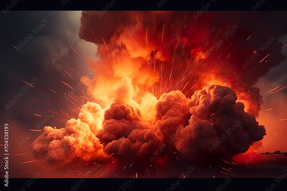 Smoke and physical structure explode in fiery destruction background ...