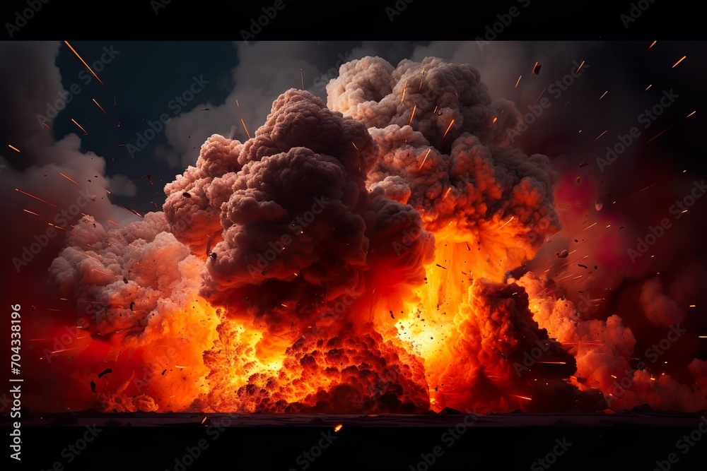 Smoke and physical structure explode in fiery destruction background ...