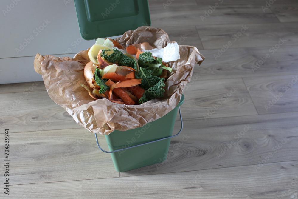 Poubelle verte de bio déchets dans la cuisine de la maison, recycler ...