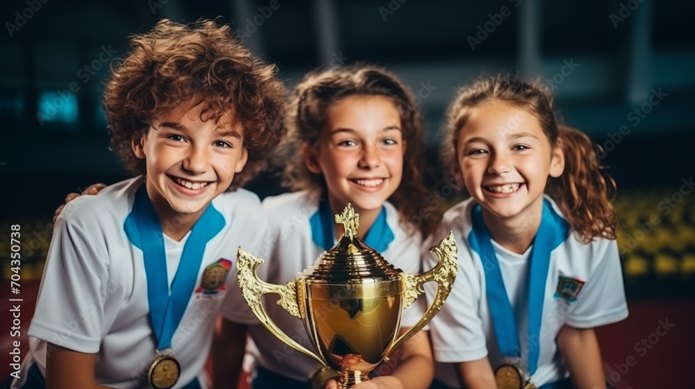 Happy Children Celebrating Their Trophy Win Stock Photo | Adobe Stock