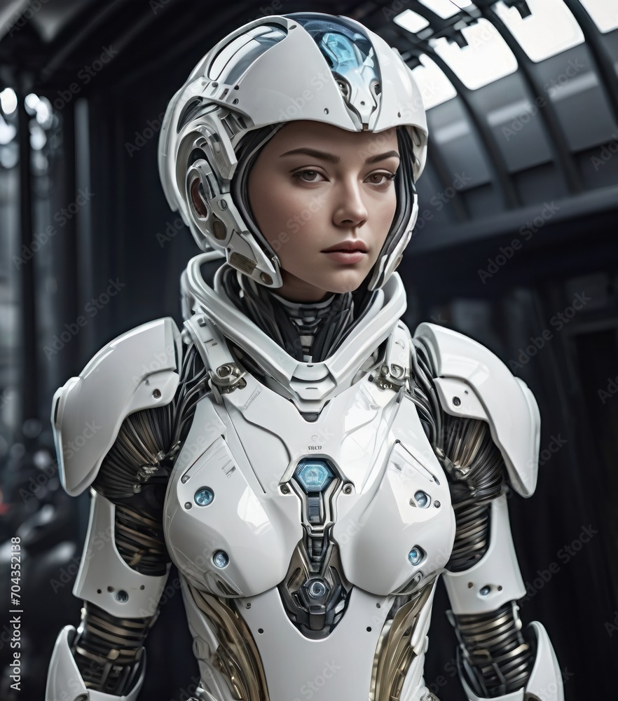 ภาพประกอบสต็อก White sci-fi female armor with cybernetic helmet ...
