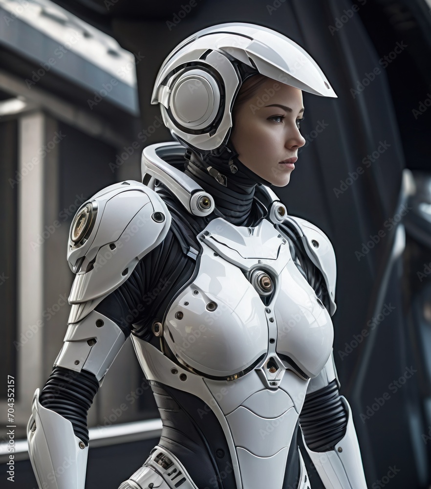 White sci-fi female armor with cybernetic helmet, insulated armor ...