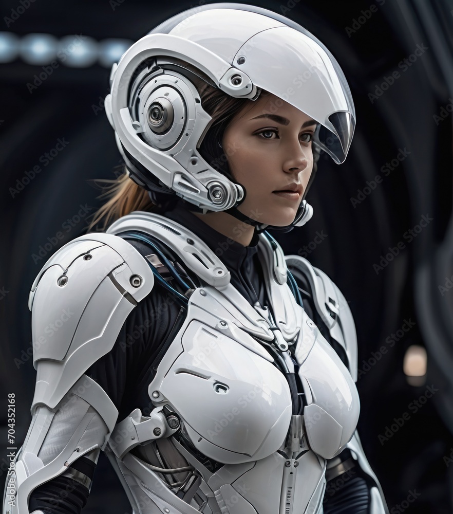 White sci-fi female armor with cybernetic helmet, insulated armor, spacesuit. Futuristic android ...