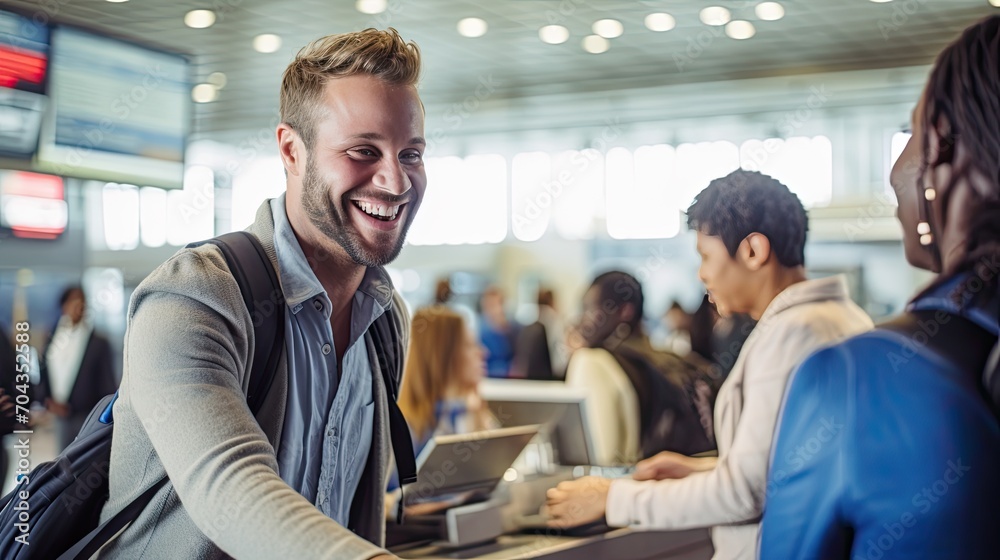 a passengers approaches the check-in counter with his passport and e ...