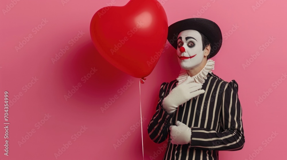 Elegant loving mime in a striped sweater stands with a heart and an ...