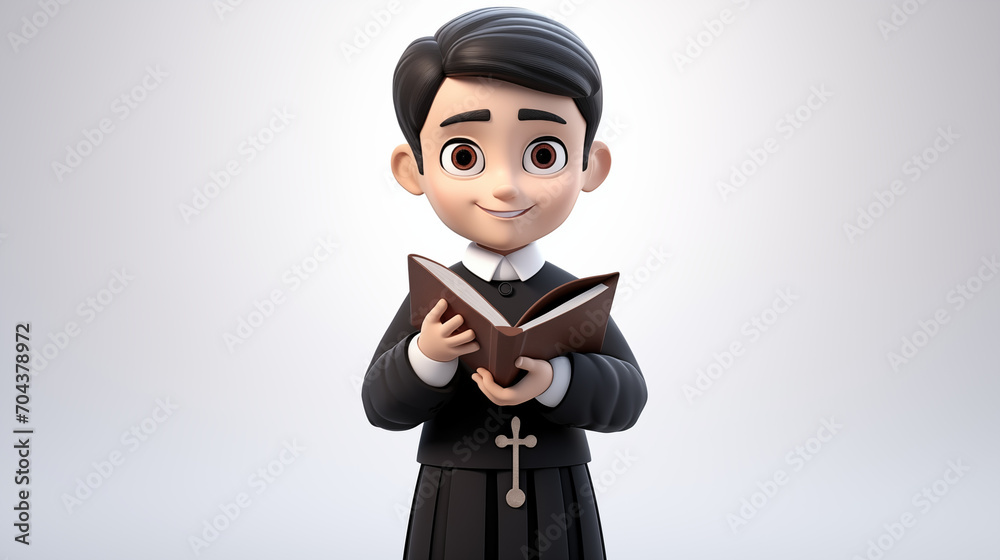 3d cartoon priest Catholic father in formal uniform hold holy bible ...