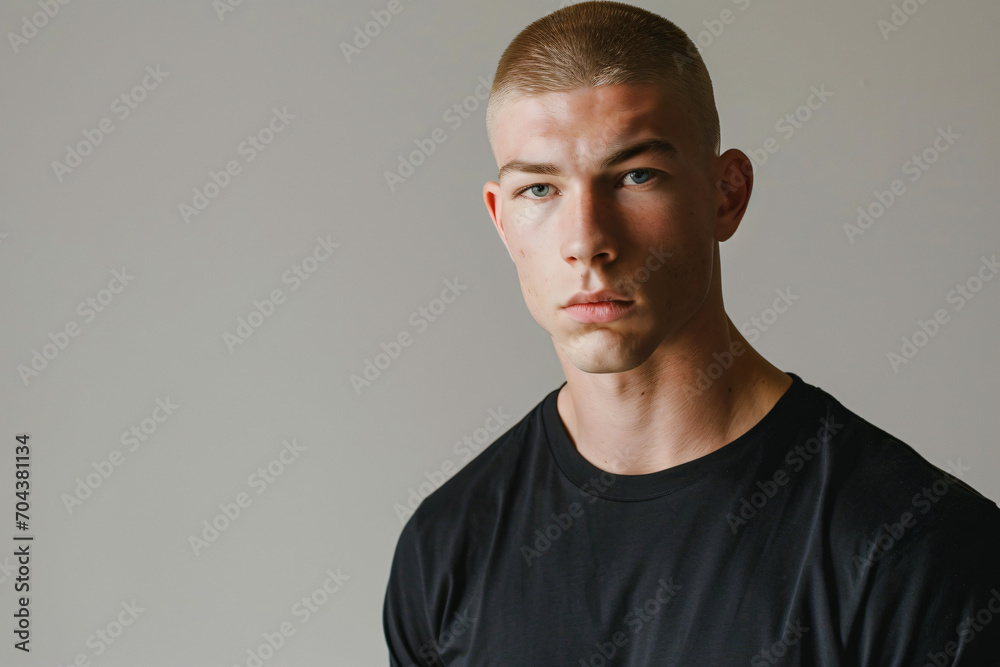 Strobe-Lit Studio Portrait of Muscular 25-Year-Old Man with Buzz Cut ...