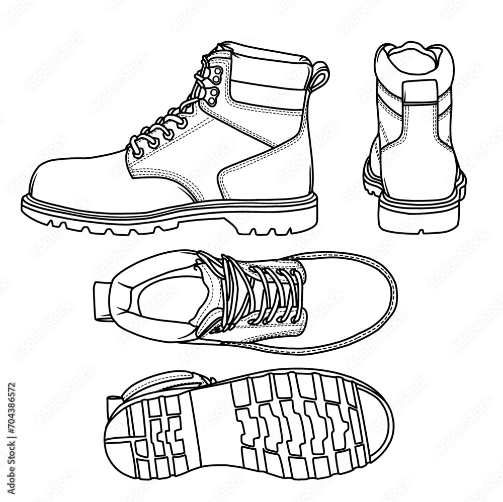 Vector Illustration Men's High hiking Boot hand drawn collection, boots ...