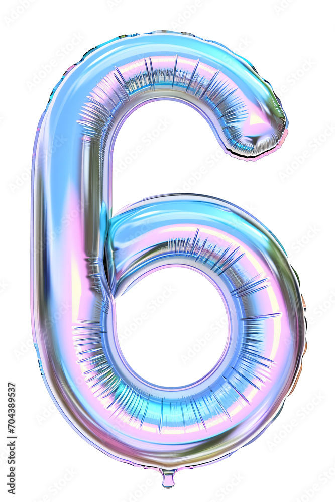 number "6" iridescent mylar helium balloons on transparent background ...