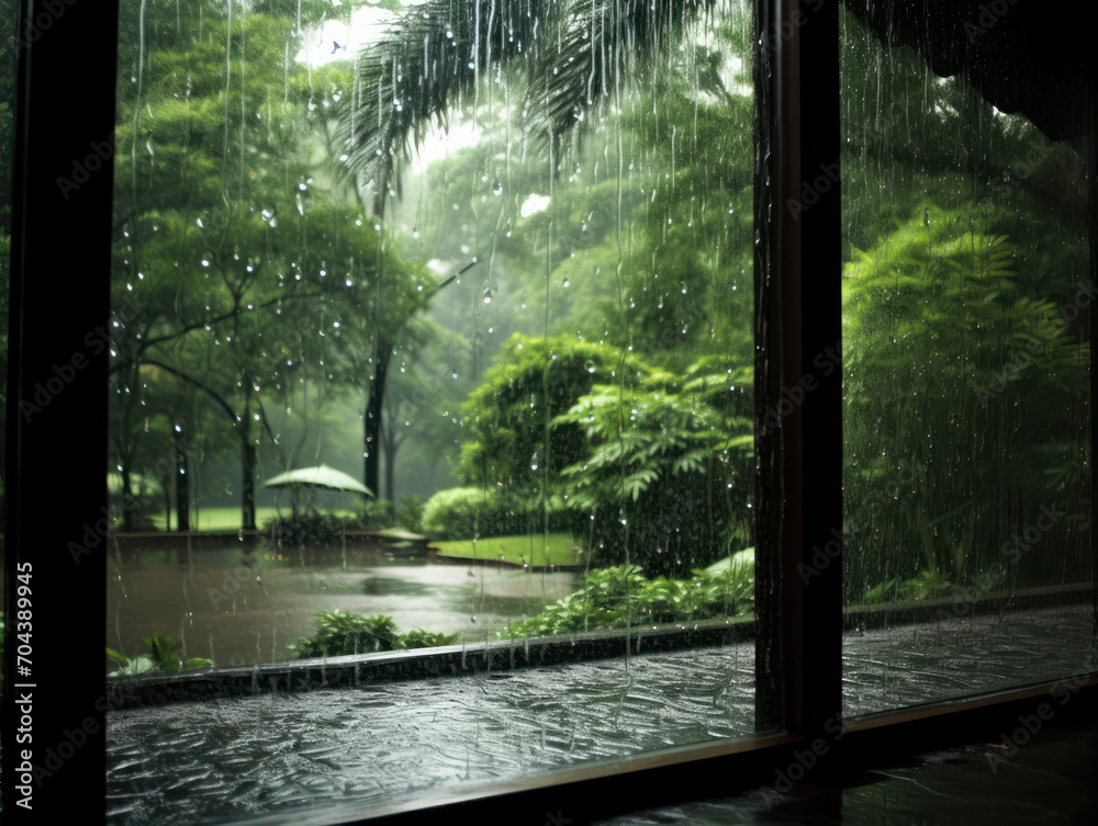 Rainy from a modern house with glass partitions, rural atmosphere with ...