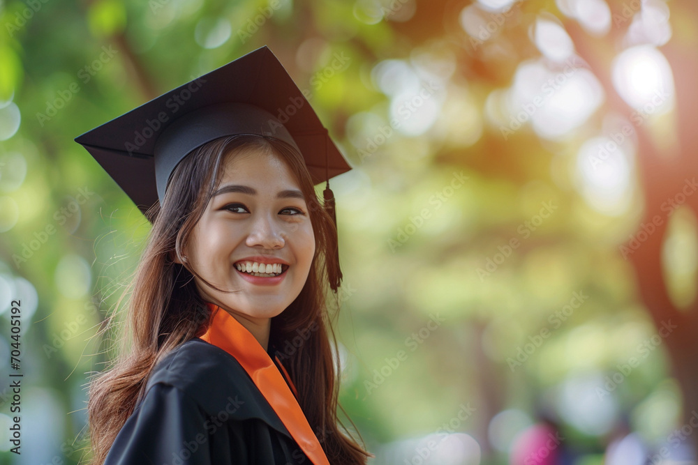 Triumphant Graduation: Young and Happy Asian Woman in Graduation Gown ...