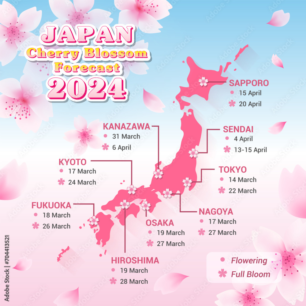 Japan Cherry Blossom Forecast 2024 vector illustration. Map of Japan ...