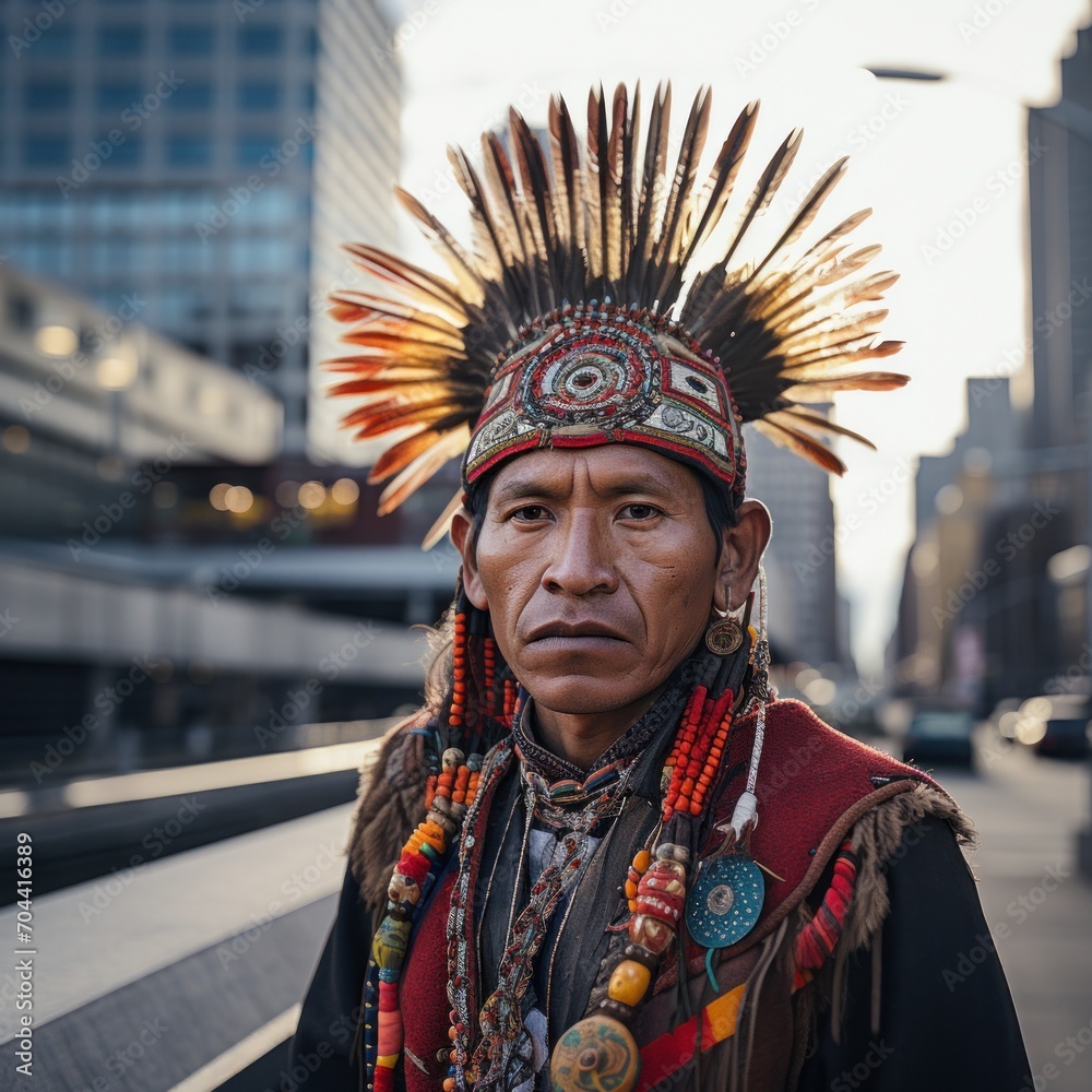 An indigenous person in traditional attire against a modern cityscape ...