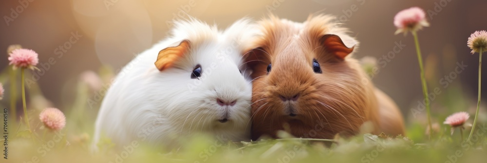 banner with two guinea pigs, one white and one brown, nestle closely ...