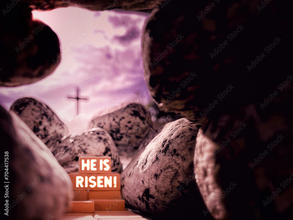 Lent, Holy Week, Good Friday, Easter Sunday Concept - HE IS RISEN text ...
